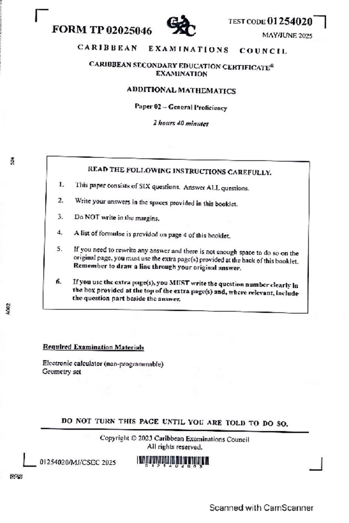 CSEC ADDITIONAL MATH 01254020 PAPER 02 EXAMINATION 2025 - Studocu