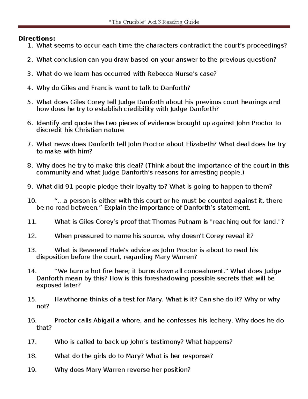 Act 3 Study Guide Qs - “The Crucible” Act 3 Reading Guide Directions ...