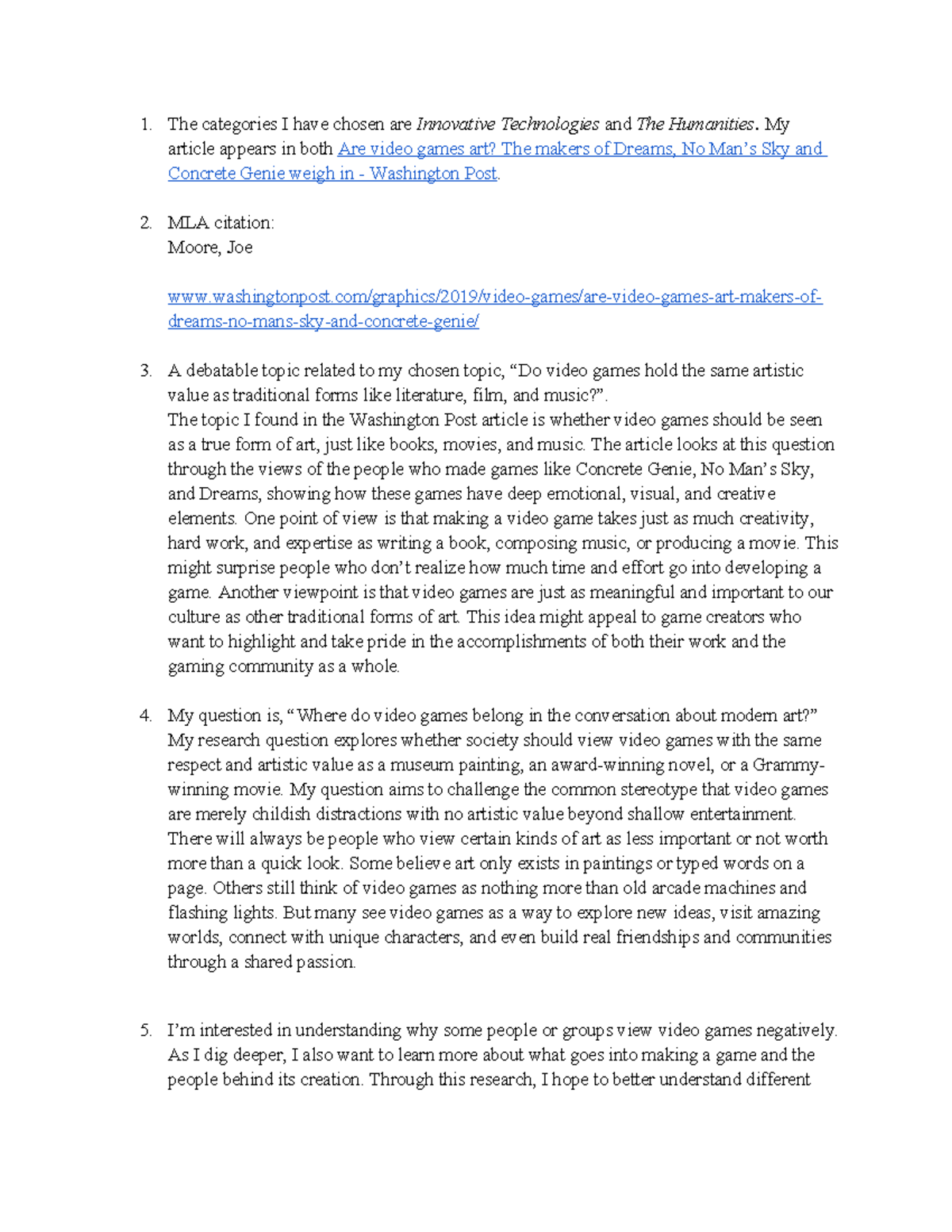ENG 190 Module 1 Assignment: Video Games as Art and Cultural Value ...