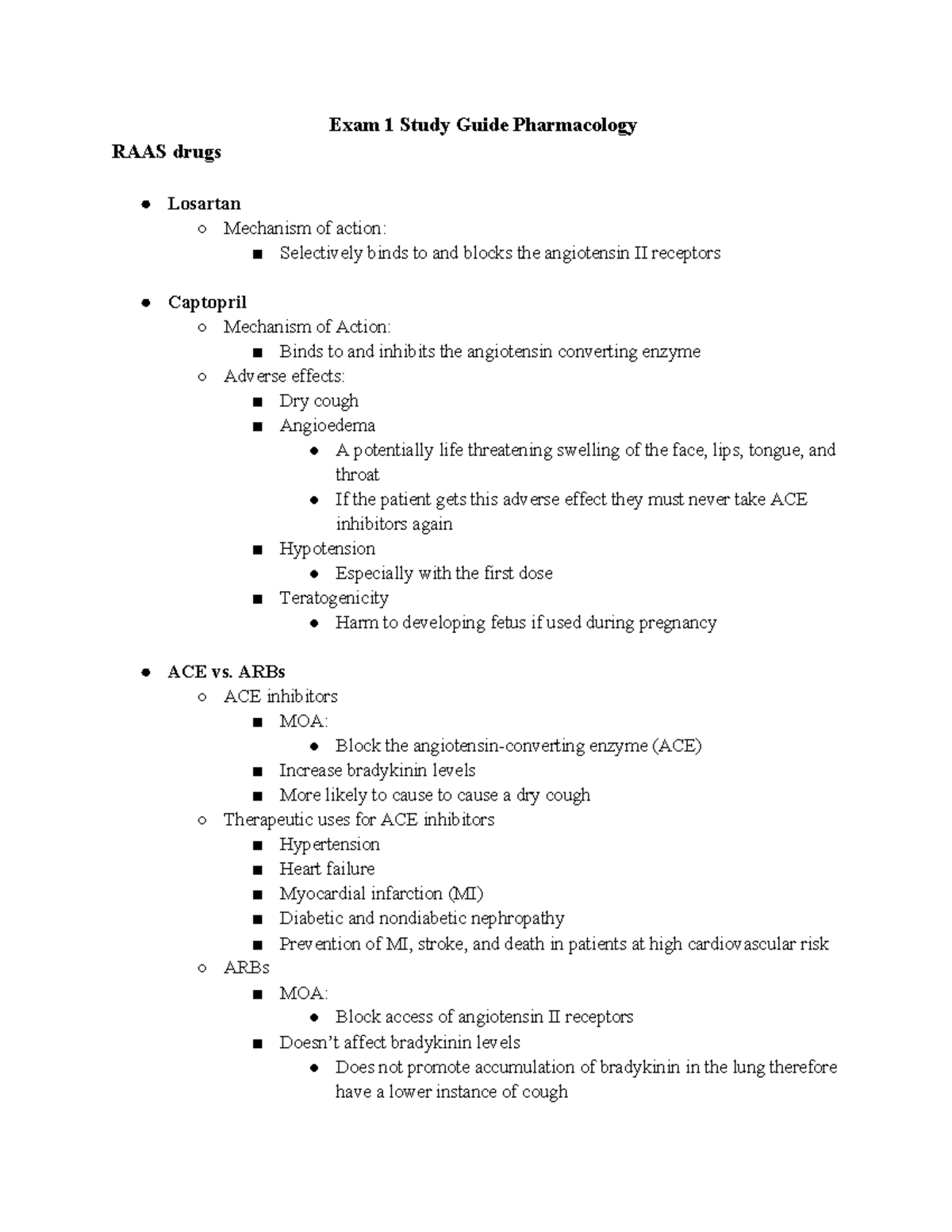 Pharmacology RAAS Drugs Exam 1 Study Guide: Key Concepts - Studocu