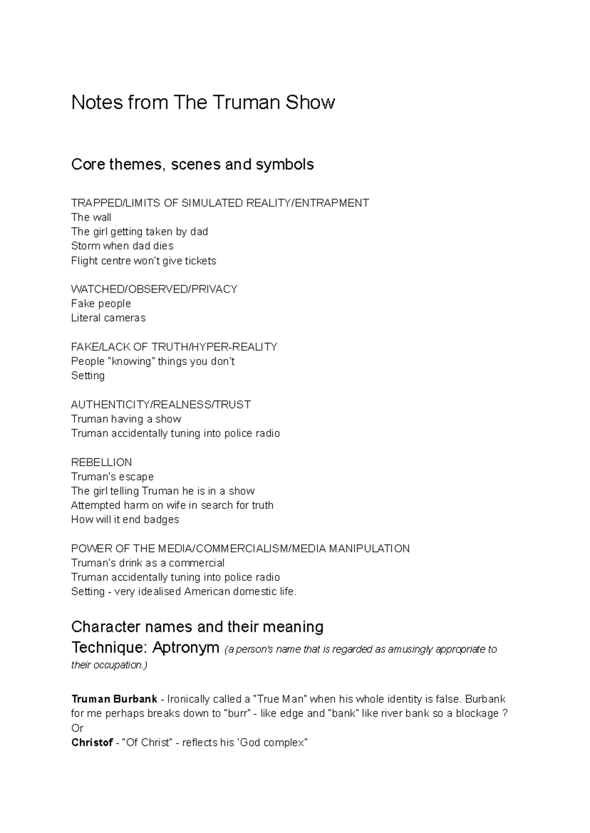 The Truman Show Notes: Themes, Symbols, and Character Analysis - Studocu