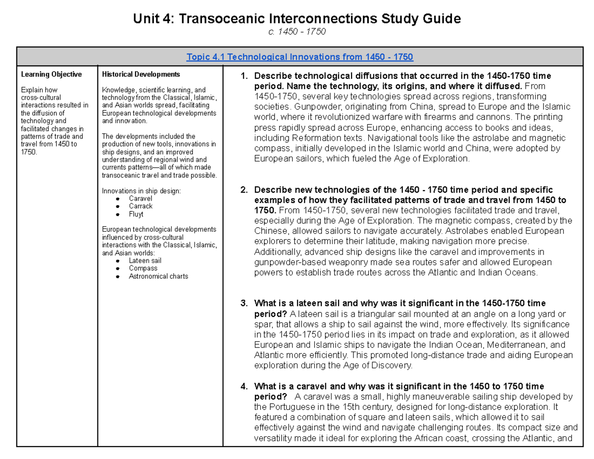 Unit 4 Study Guide: Transoceanic Interconnections (c. 1450-1750) - Studocu