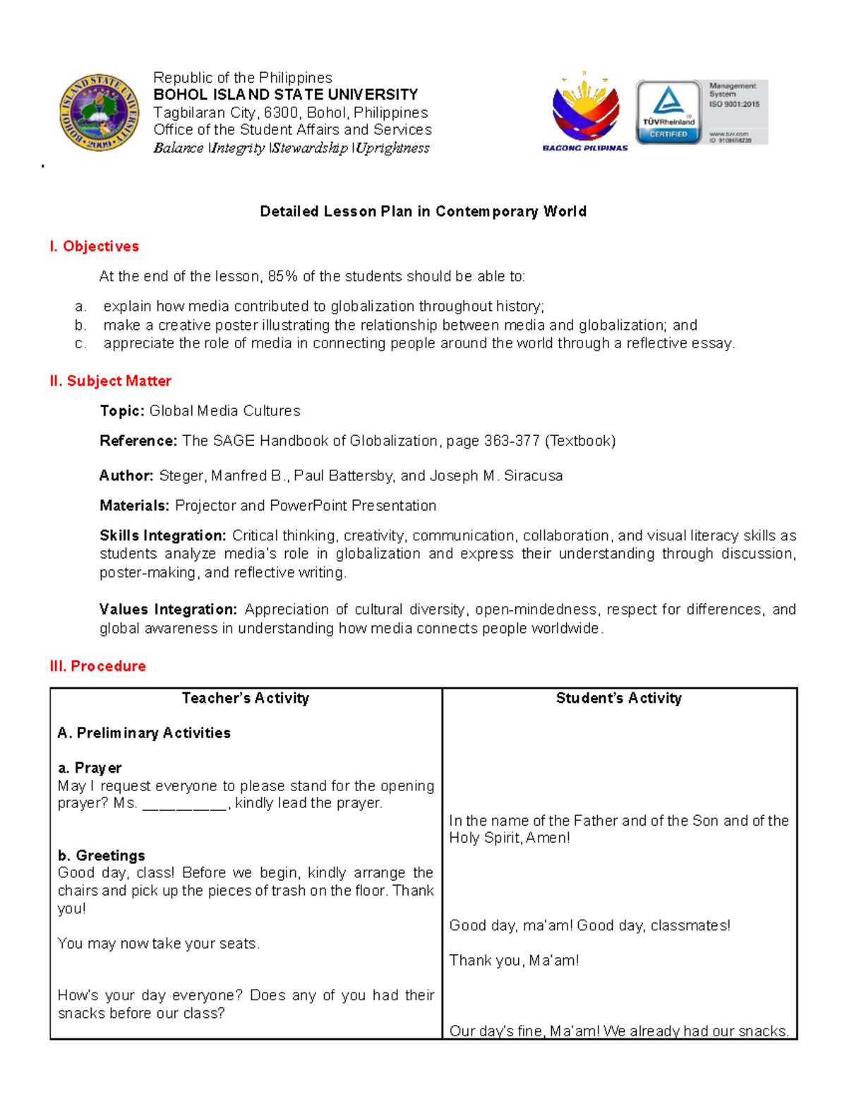 Contemporary World Lesson Plan: Media and Globalization Insights - Studocu