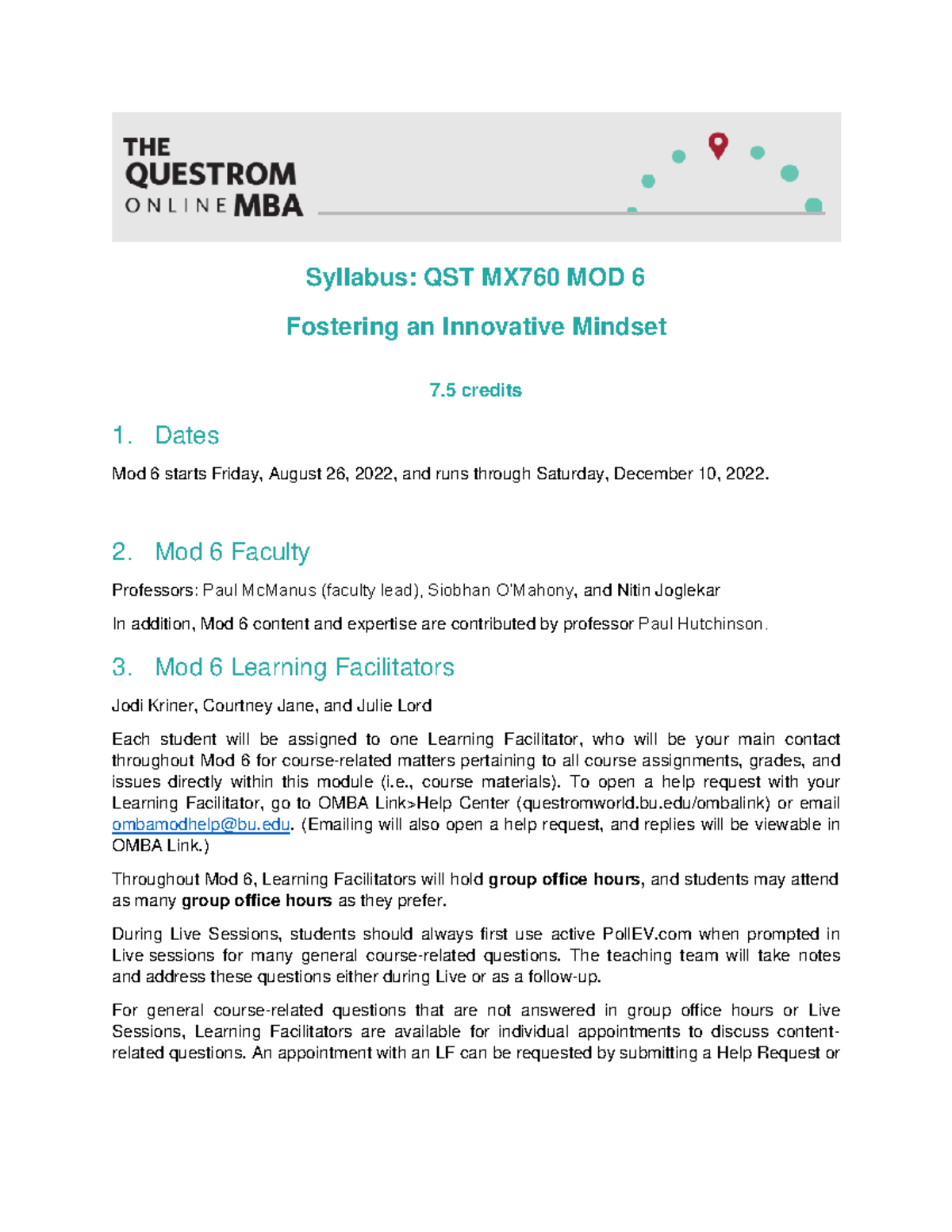 QST MX760 MOD 6 FA22 Syllabus: Fostering Innovation Mindset - Studocu