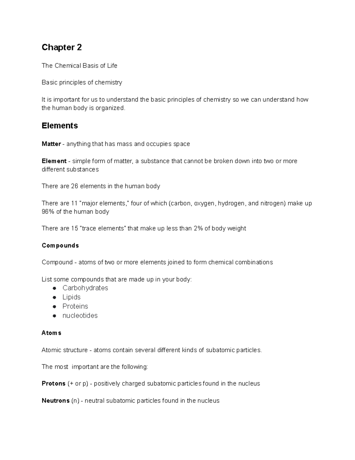 Anaphy-Chapter-2 - Anaphy notes - Chapter 2 The Chemical Basis of Life ...