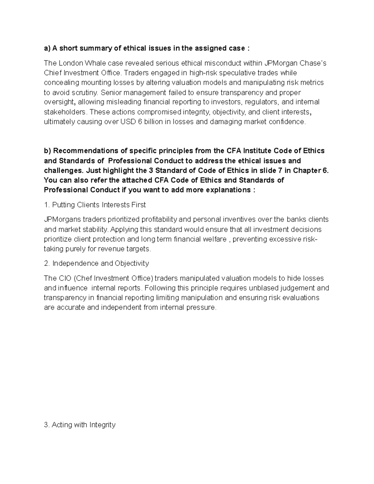 FIN388 Case Study: Ethical Issues in the London Whale Incident - Studocu