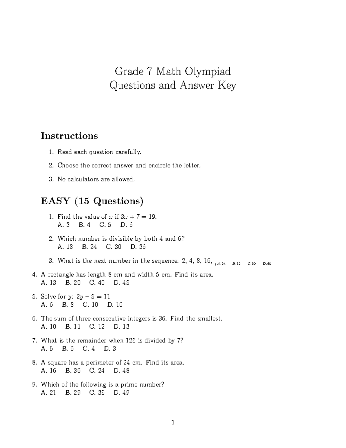 Grade 7 Math Olympiad Q&A Key with Explanations - Studocu