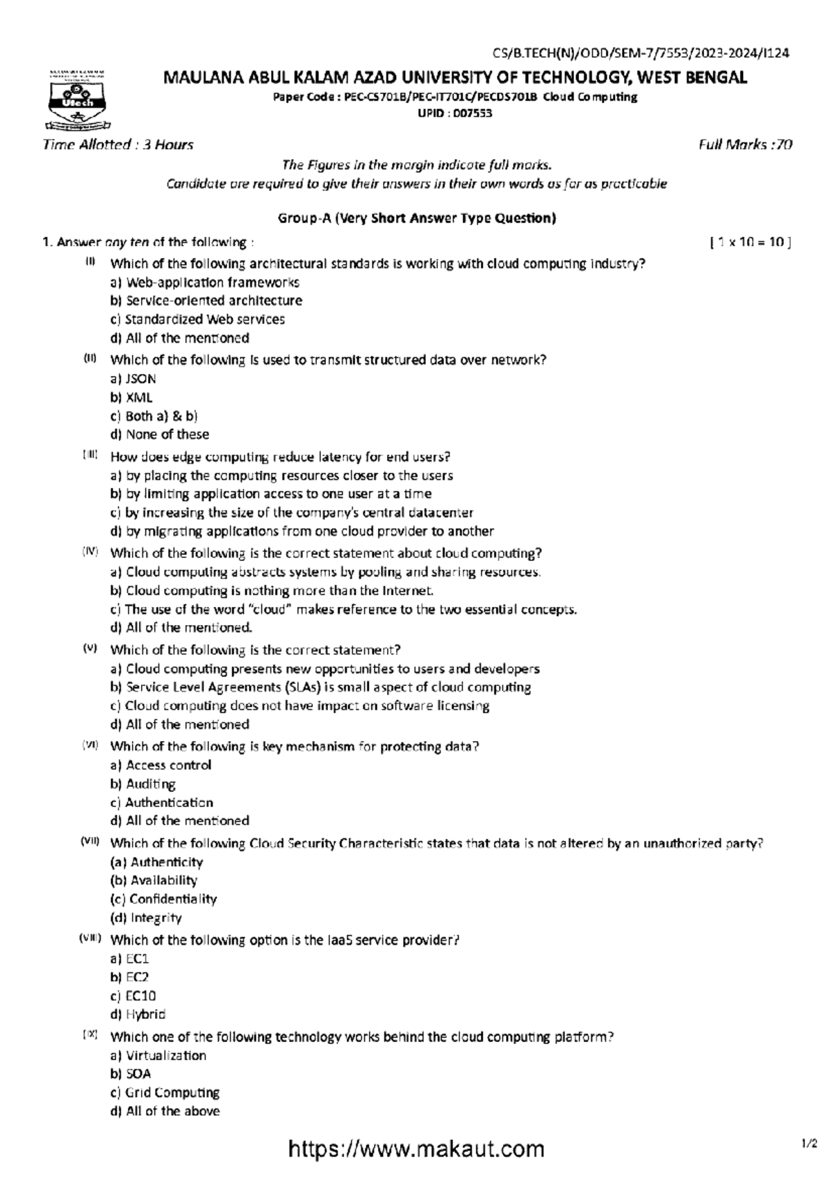 Btech pec 7 sem cloud computing pec cs701b 2024 - MAULANA ABUL KALAM AZAD UNIVERSITY OF ...