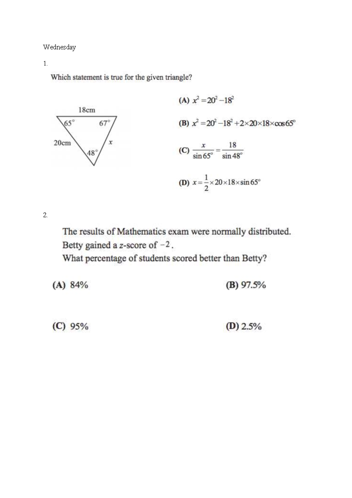 Math Quiz - Wednesday Session - Studocu