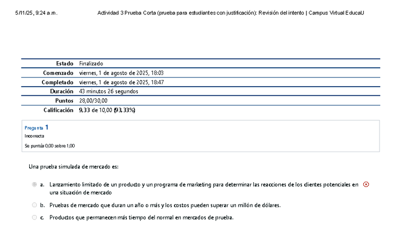 Prueba Corta (Actividad 3) - Mercadeo - Revisión de Intentos - Studocu
