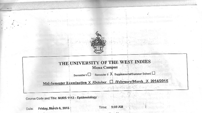 Epidemiology NURS Past Paper 1 - UWI Mona Campus Exam 2015 - Studocu
