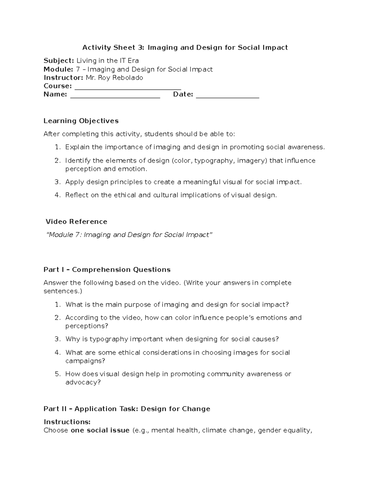 Activity Sheet 3: Imaging & Design for Social Impact (GE Elect 3) - Studocu