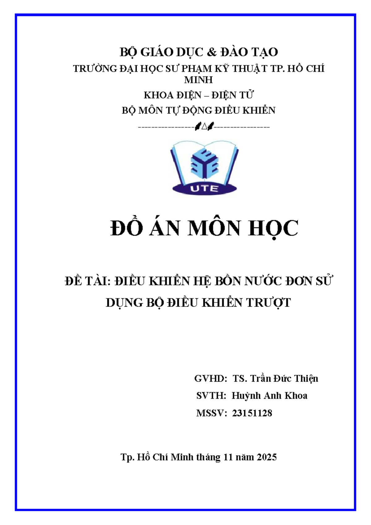 Đề Tài: Thiết Kế Bộ Điều Khiển Trượt (SMC) cho Hệ Bồn Nước Đơn - Studocu