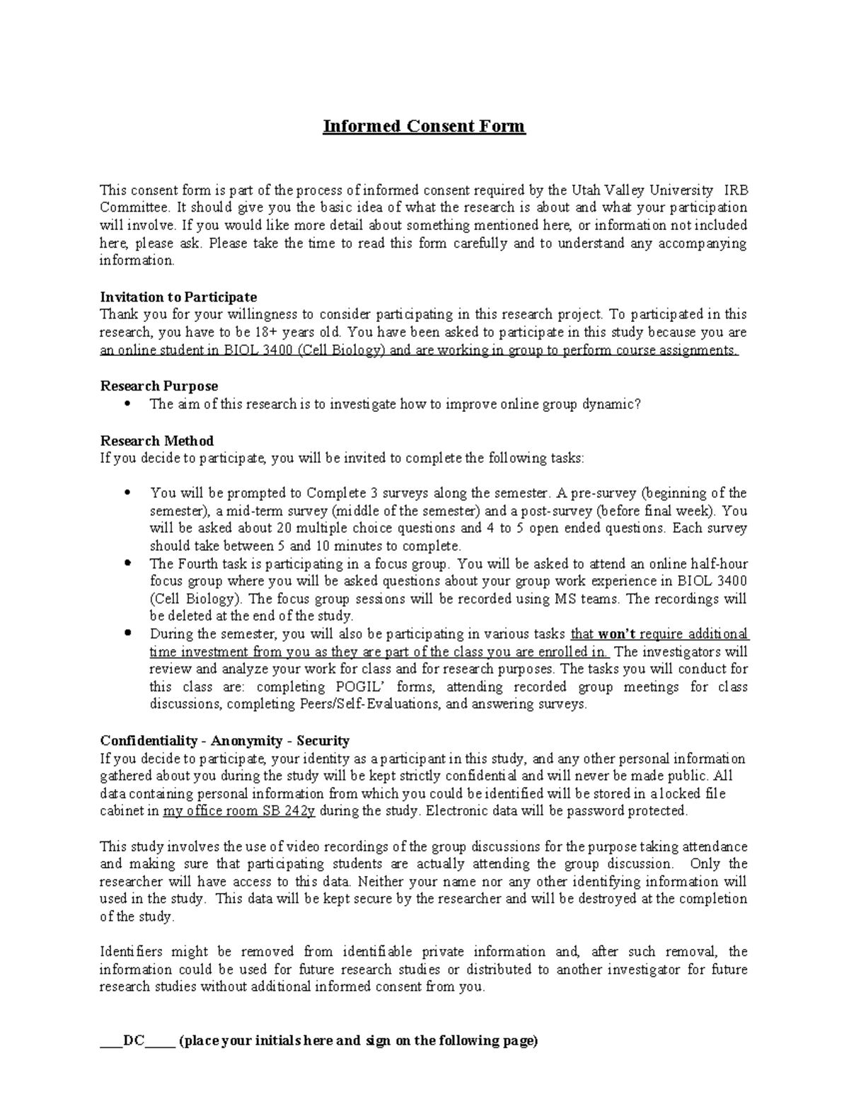Informed Consent Form for BIOL 3400 Research Participation - Fall 2021 ...