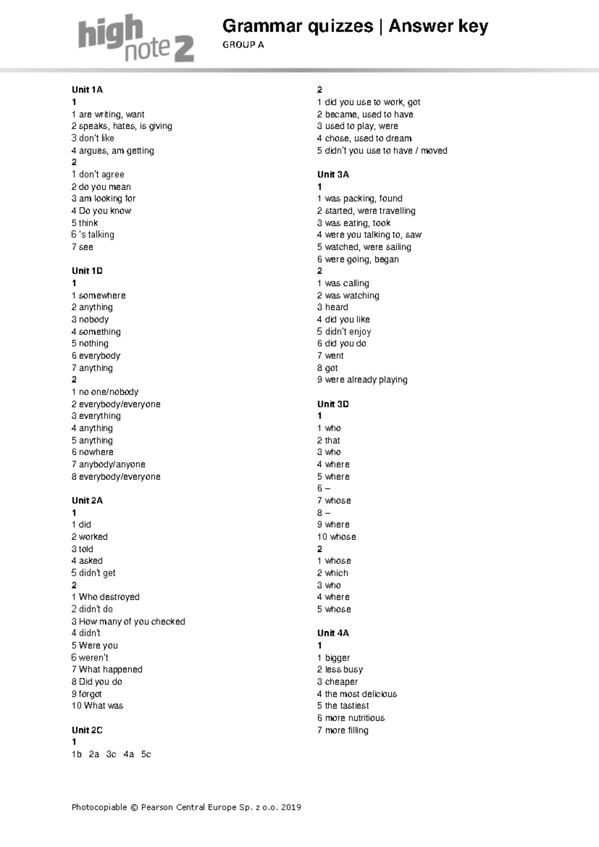 High Note 2 AK Grammar Quiz A - Answer Key for Units 1-7 - Studocu