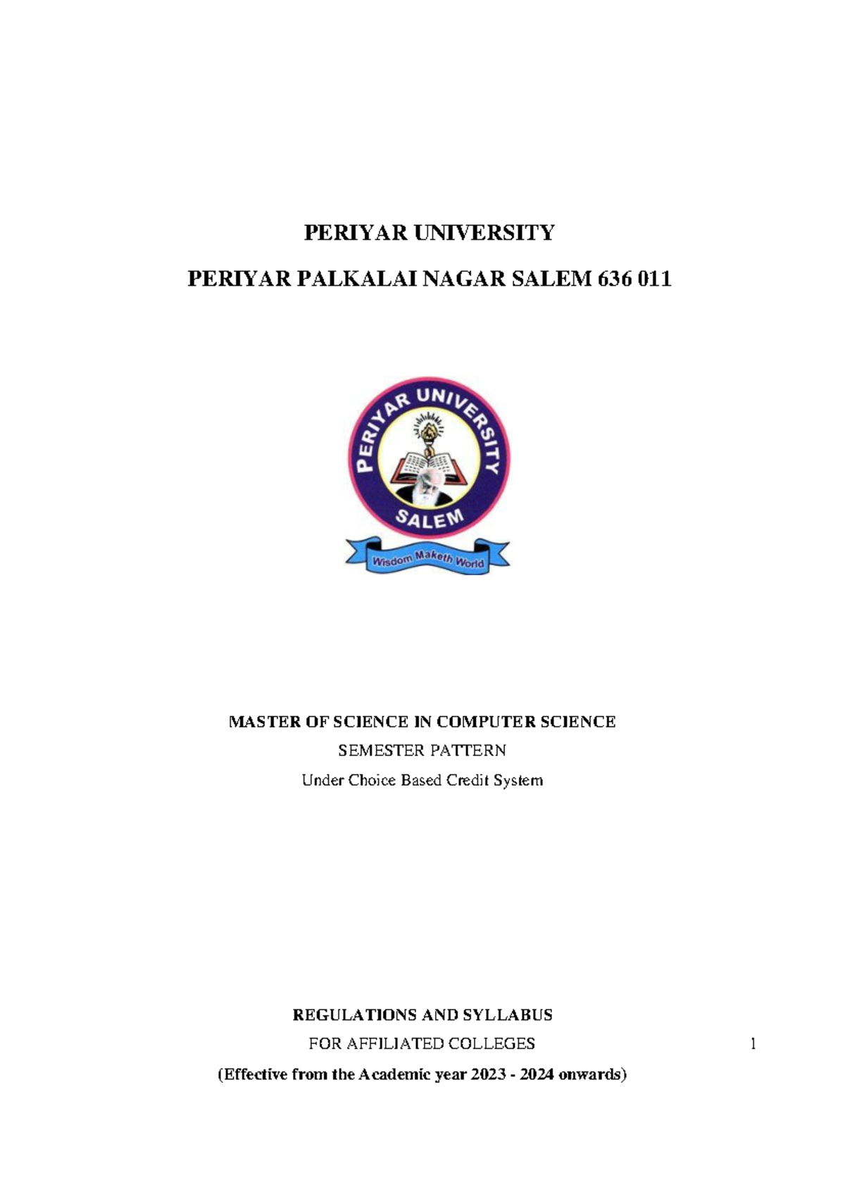 M.Sc. Computer Science Regulations & Syllabus (2023-2024) - Studocu