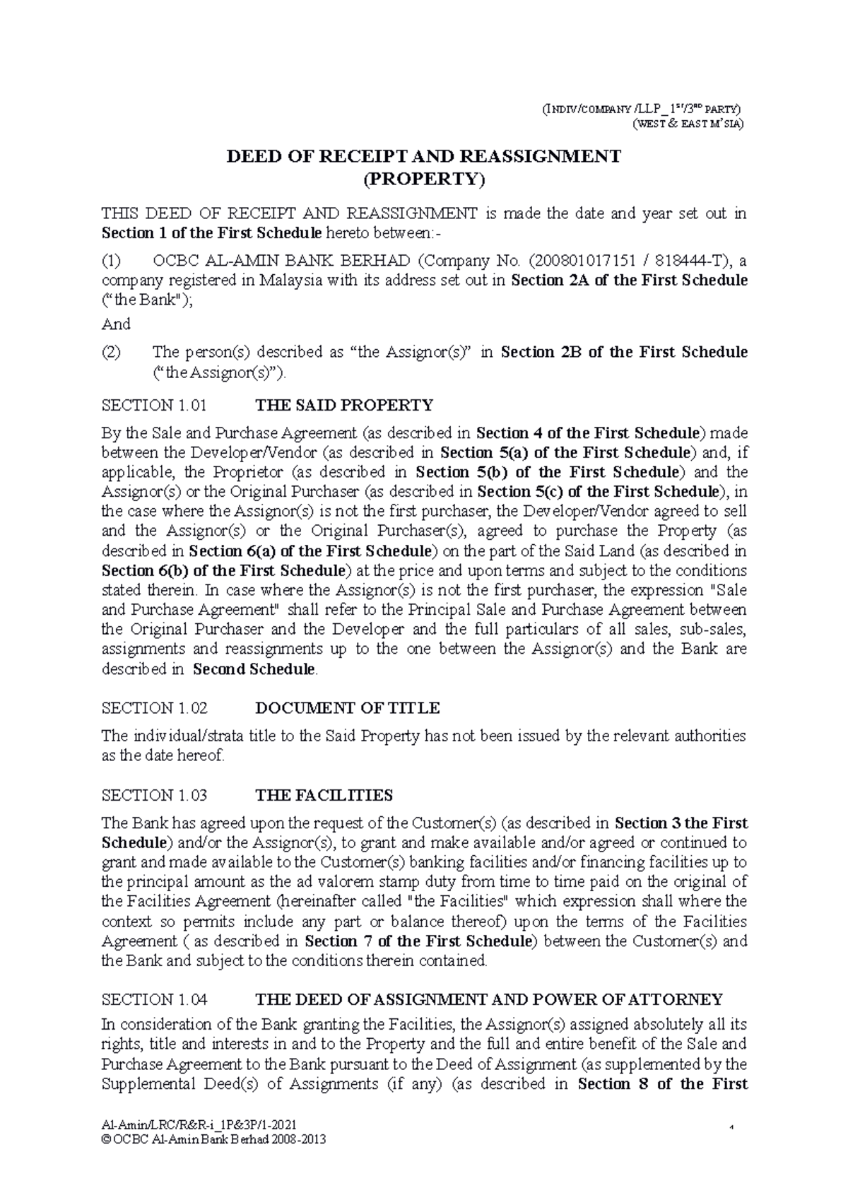 Deed of Receipt and Reassignment: OCBC Al-Amin Bank Berhad Transaction ...