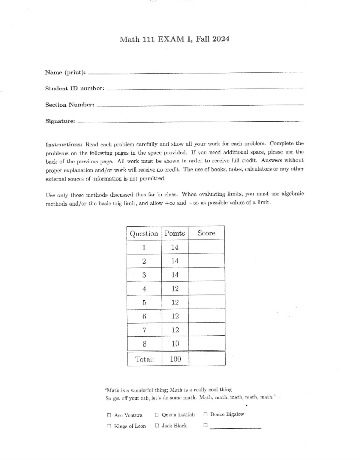 Math 111: Exam I - Fall 2024 Instructions and Problems - Studocu