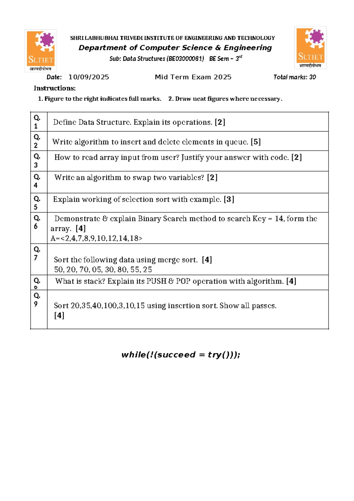 DS BE Sem 3 Mid Term Exam Paper - Data Structures 2025 - Studocu