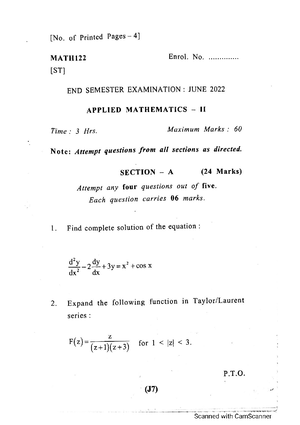 MATH122 End semester examination 2023 applied mathematics II - pyq - Studocu