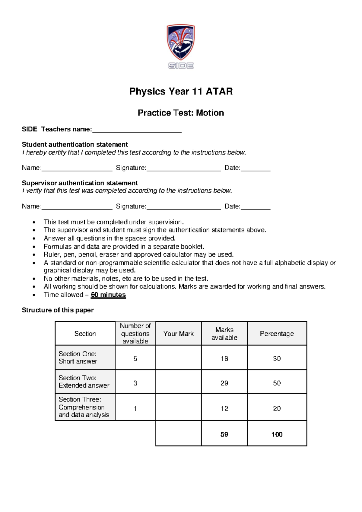 Year 11 Physics ATAR Practice Test: Motion Concepts and Problems - Studocu