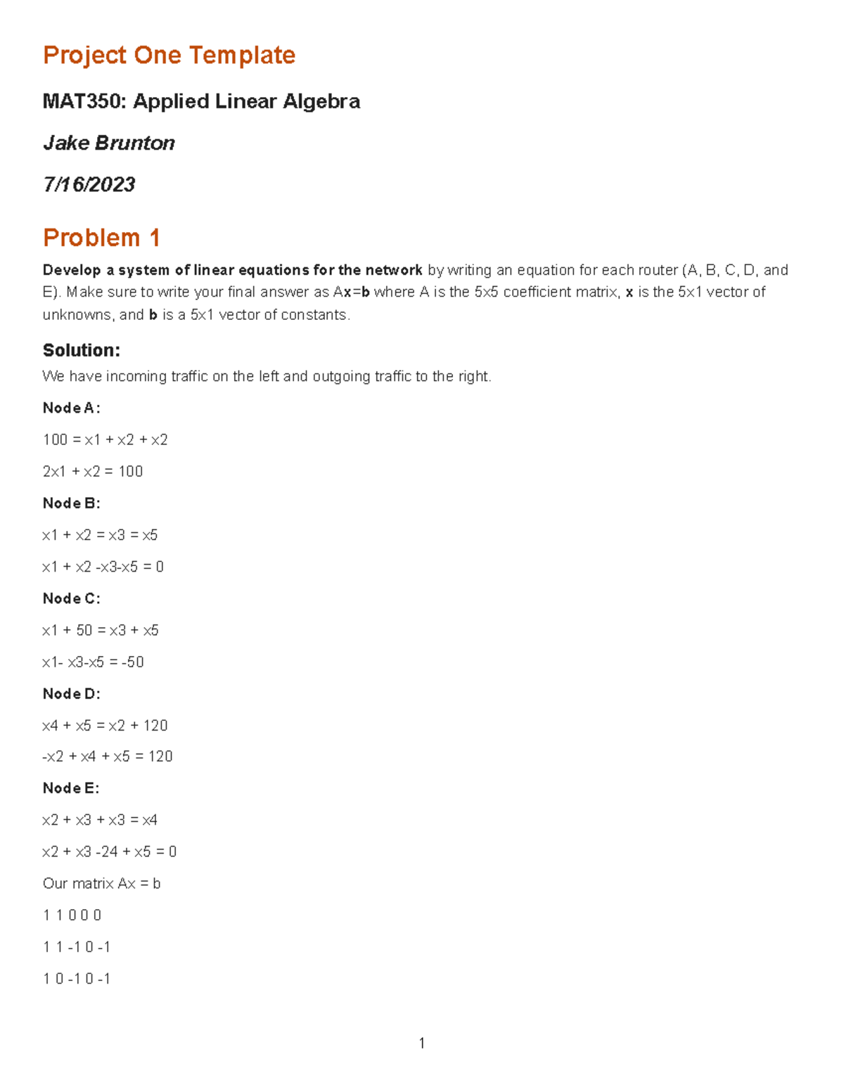 MAT350: Applied Linear Algebra - Project One Analysis and Solutions ...