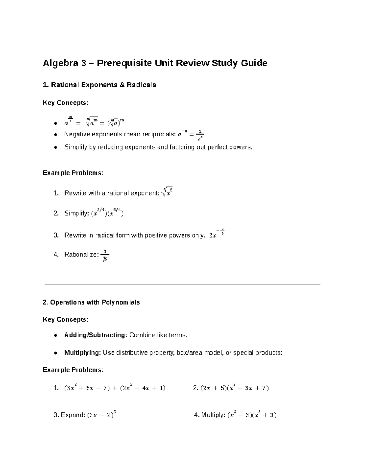 Algebra 3 (Chapter R) Unit Review Study Guide: Key Concepts & Examples ...