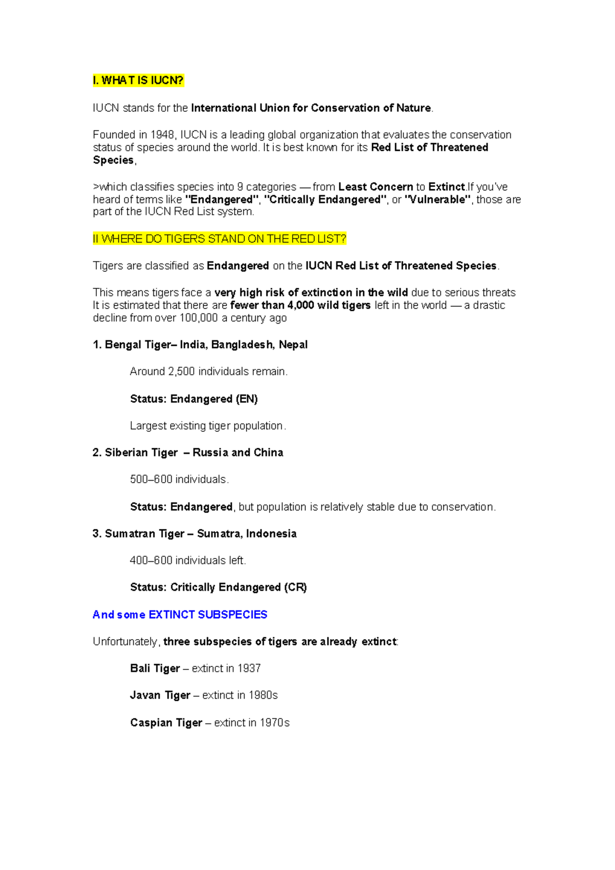 IUCN Red List Overview: Tiger Conservation Status Notes - Studocu