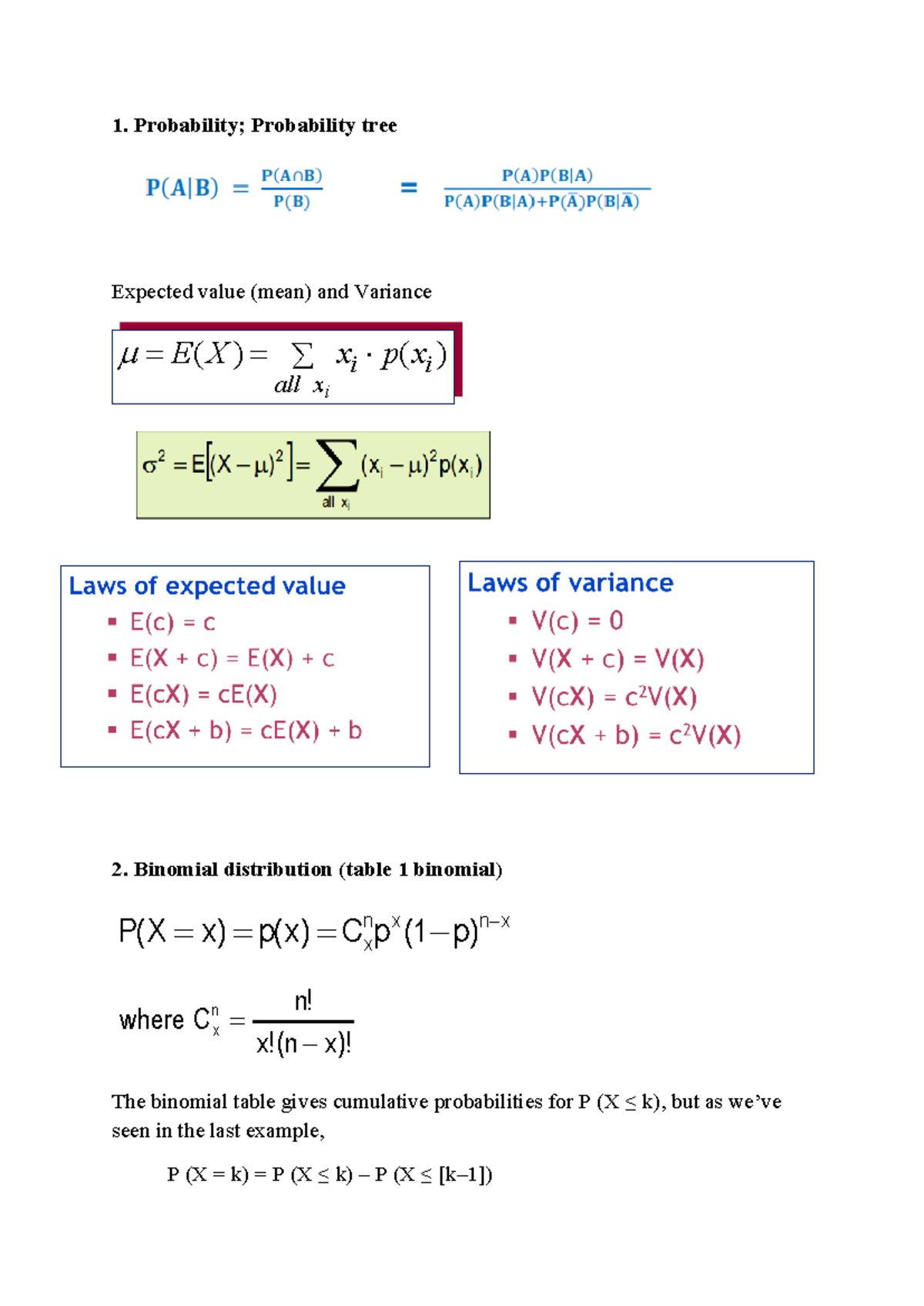 BẢNG CÔNG THỨC XSTK - gjk - Probability; Probability tree Expected value (mean) and Variance ...