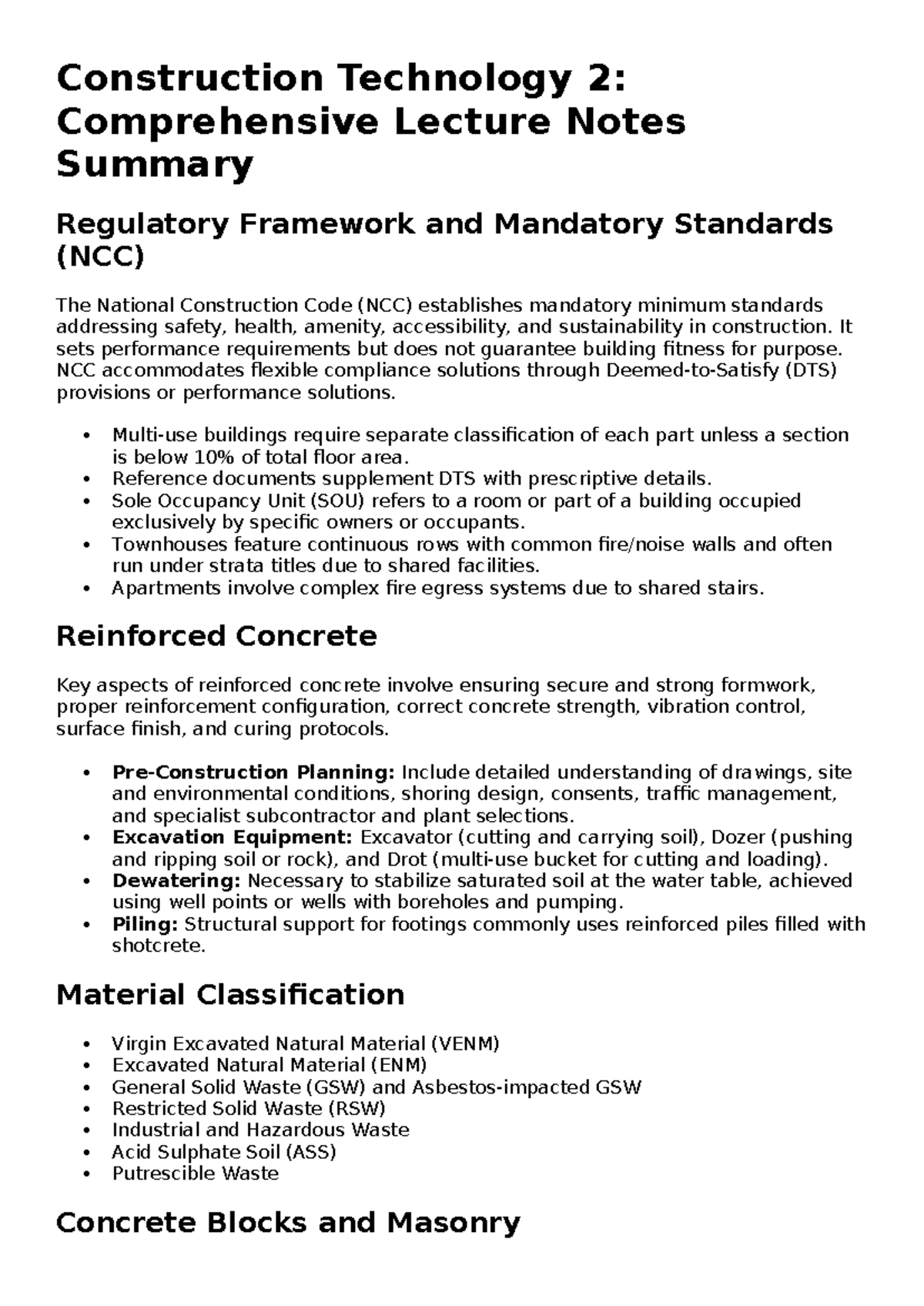 Construction Technology 2: Comprehensive Lecture Notes on NCC Standards ...