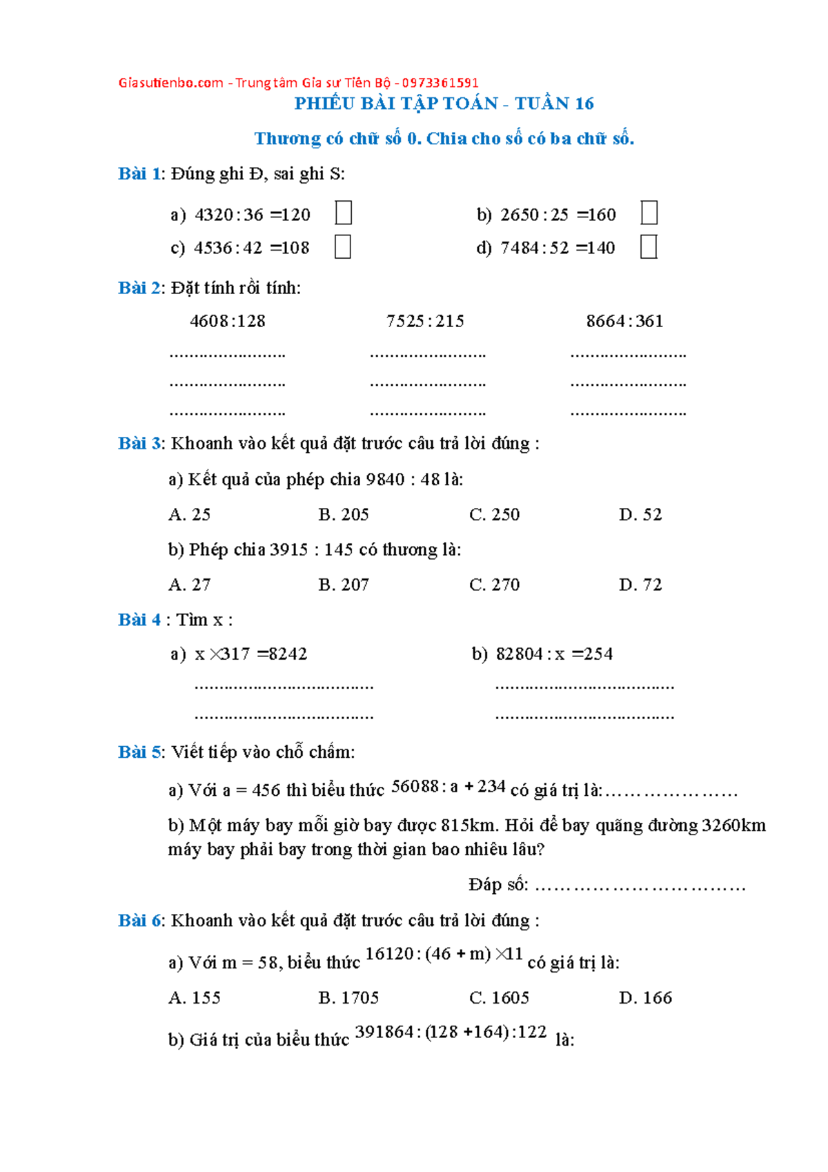 Phieu BAI TAP TOAN 4 TUAN 16 - Giasutenbo - Trung tâm Gia s ư Tiếến B ộ ...