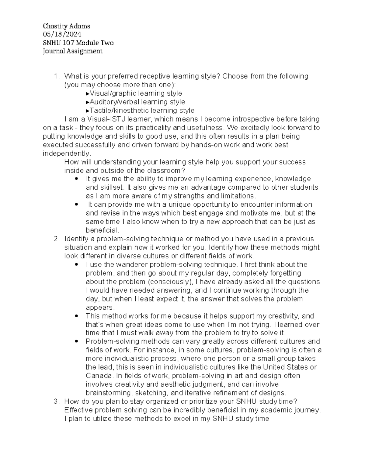 SNHU 107 Module Two Journal: Exploring Learning Styles and Problem ...