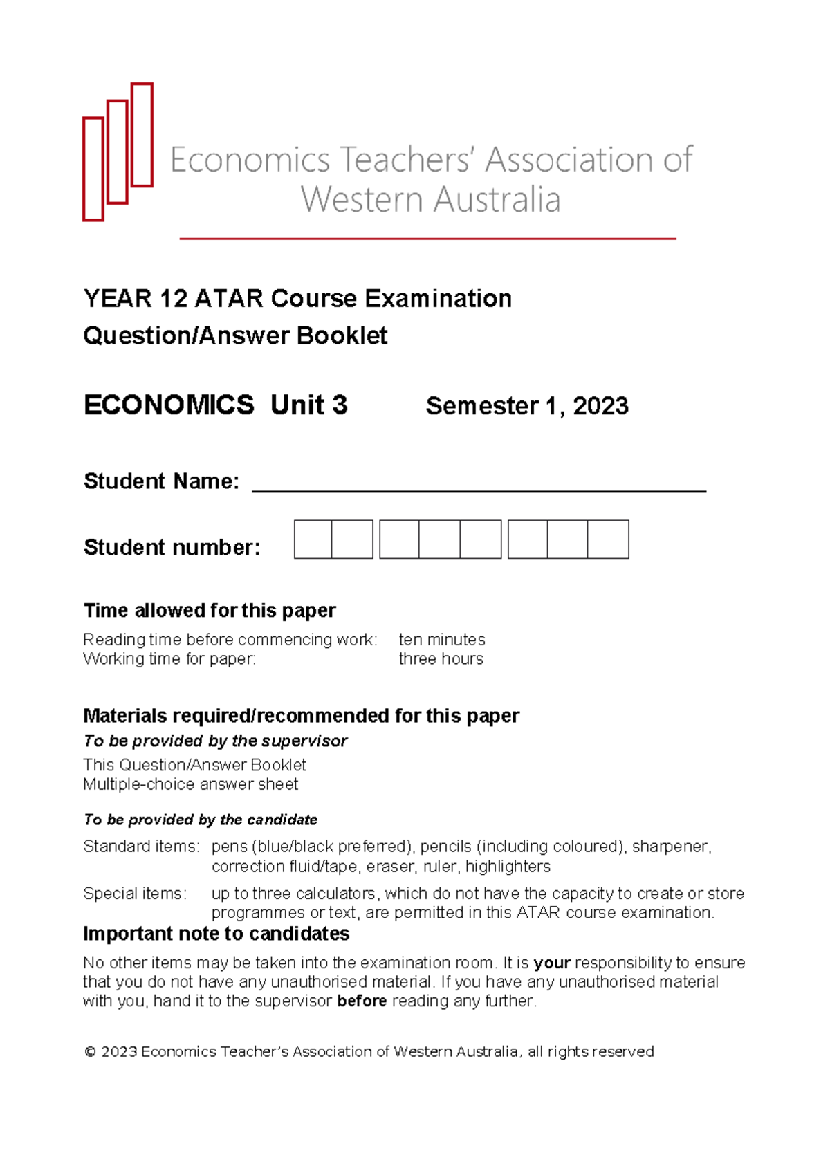 YEAR 12 ATAR Economics Unit 3 Exam Booklet - Semester 1, 2023 - Studocu