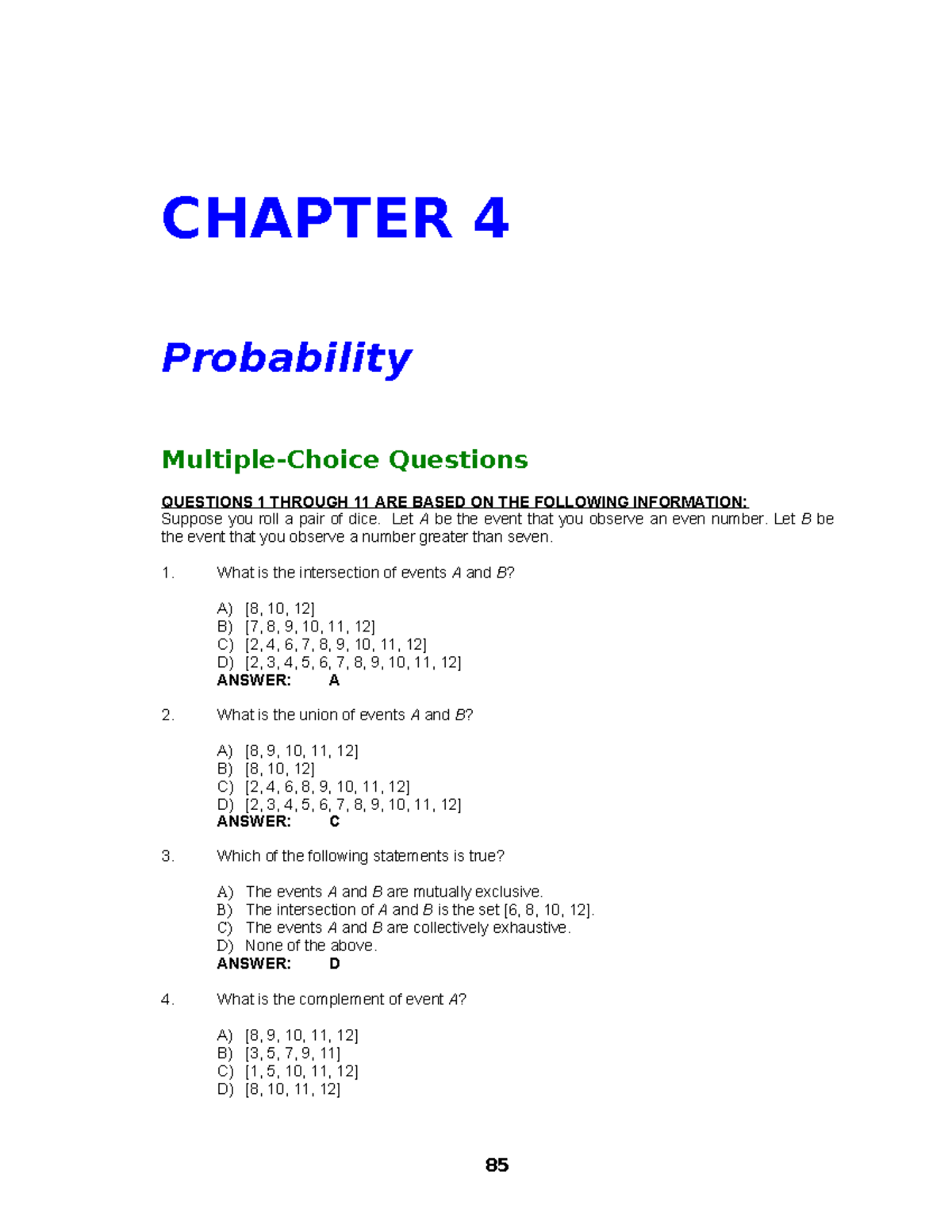 Probability Multiple-Choice Questions - Chapter 4 Analysis - Studocu