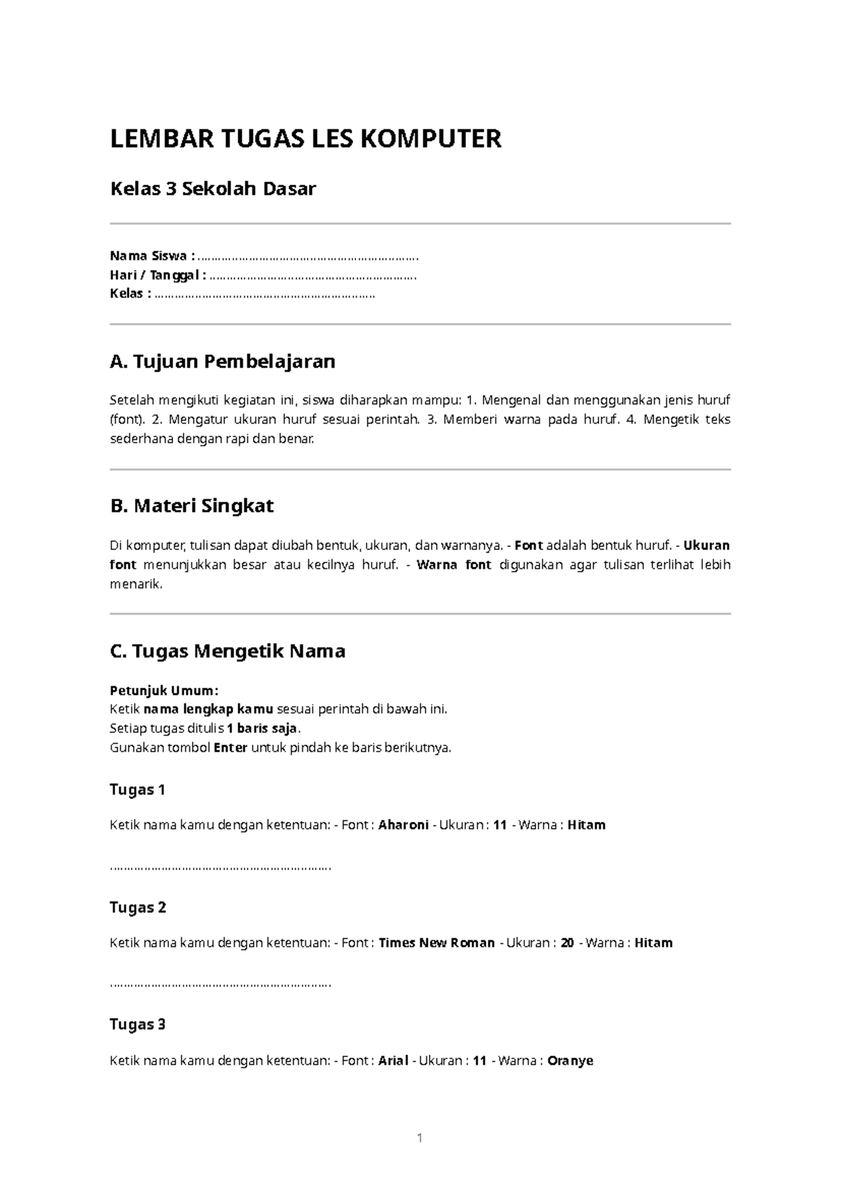 Lembar Tugas Les Komputer Kelas 3 SD: Mengenal Jenis Huruf dan Ukuran ...