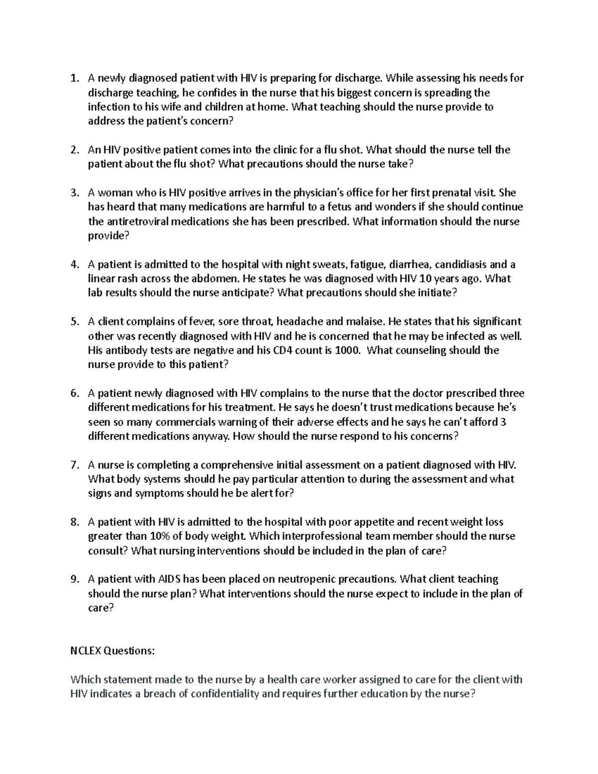 HIV Nursing Care Plan: Key Considerations & Patient Guidance - Studocu
