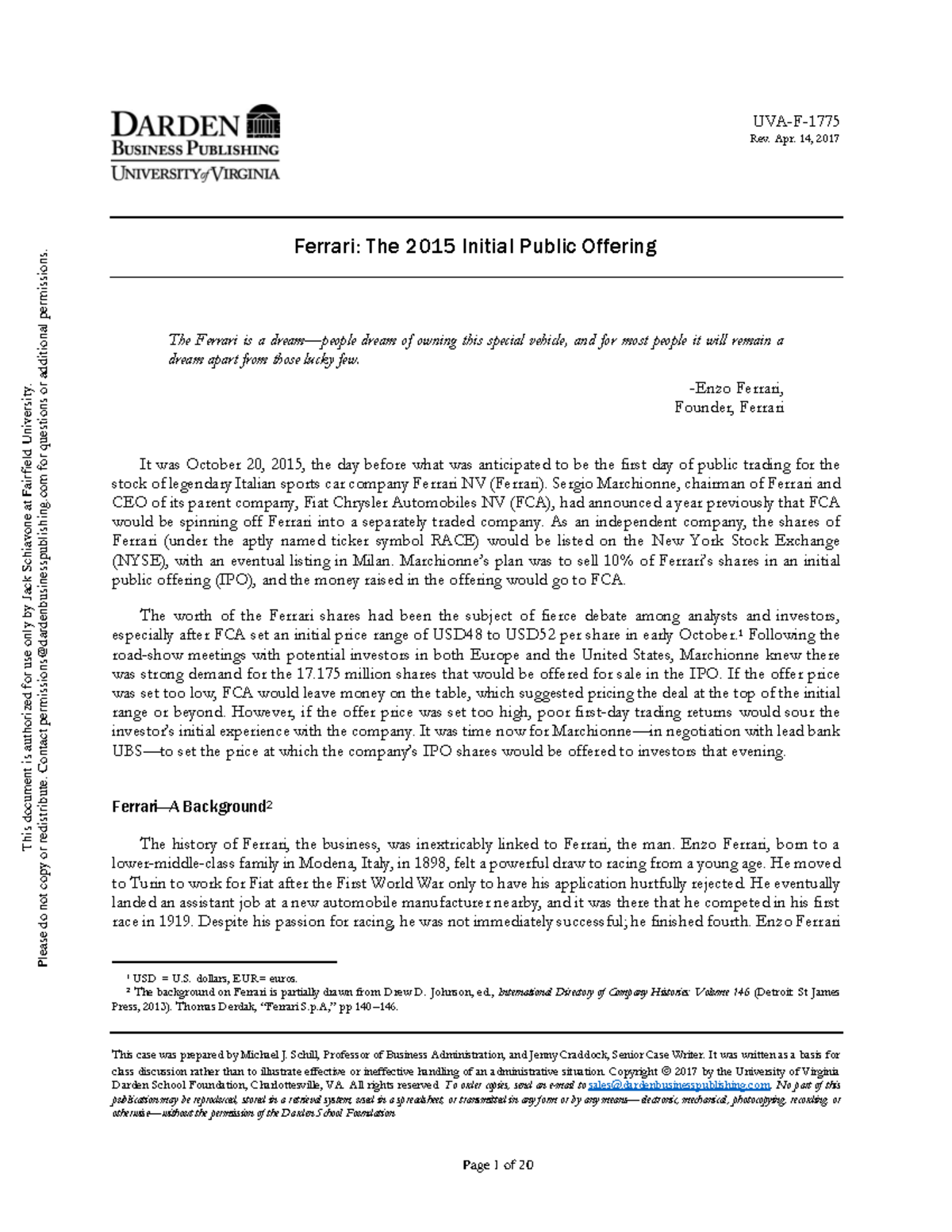 F-1775 - Ferrari Case Study - UVA-F- Rev. Apr. 14, 2017 This case was prepared by Michael J ...