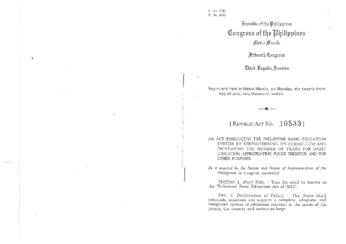 RA 10533: Enhanced Basic Education Act Overview and Provisions - Studocu