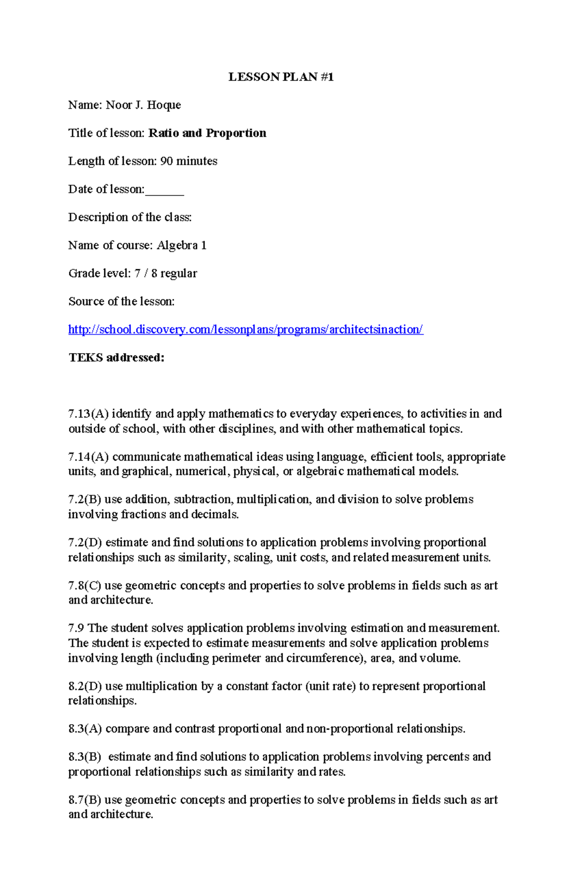 5E- Lesson PLAN: Ratios and Proportions for Grade 7/8 Algebra 1 - Studocu