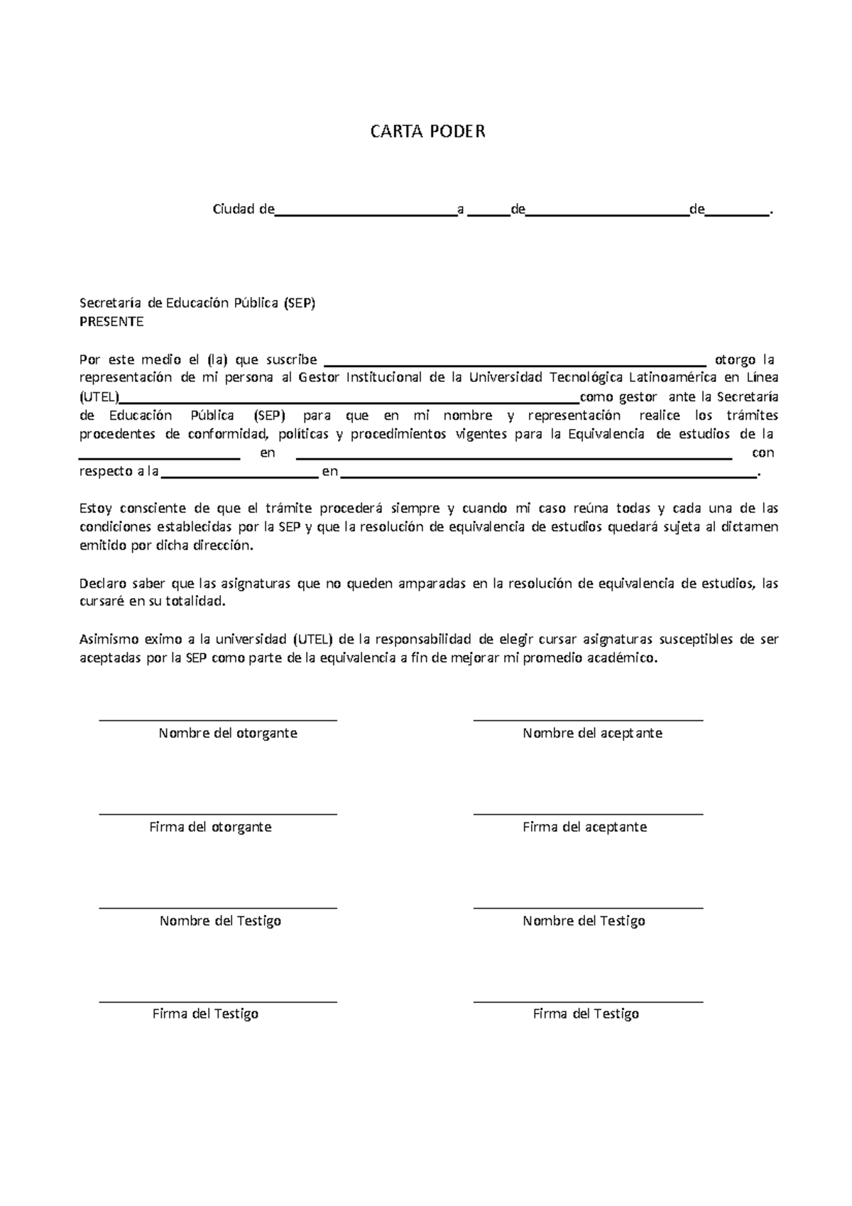 Carta Poder para Representación ante la SEP - UTEL - Studocu