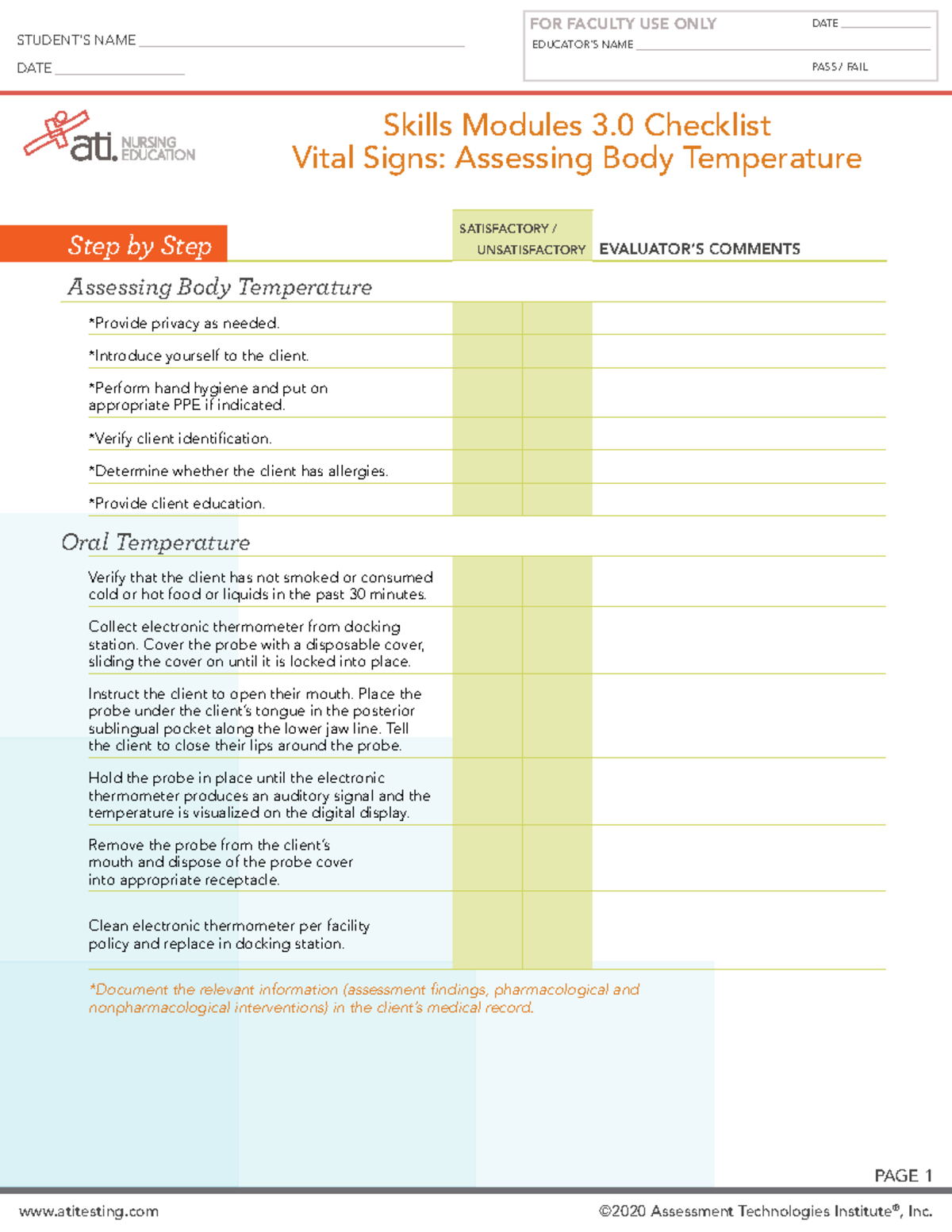 NURSING EDUCATION Skills Checklist: Vital Signs & Body Temp Assessment ...
