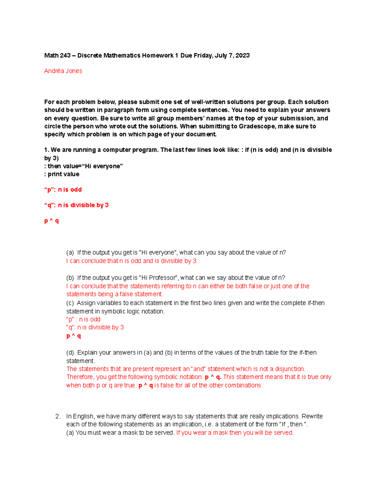 Math 243: Homework 1 - Discrete Math Solutions & Examples by Andréa ...