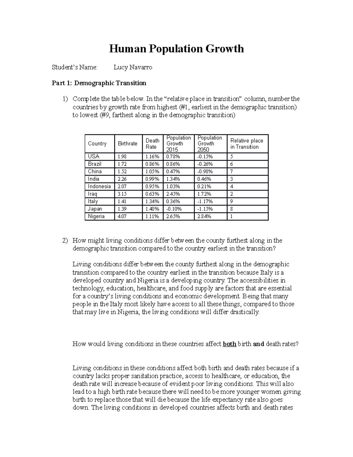 Human Population Growth: Post Lab Report Analysis and Findings - Studocu