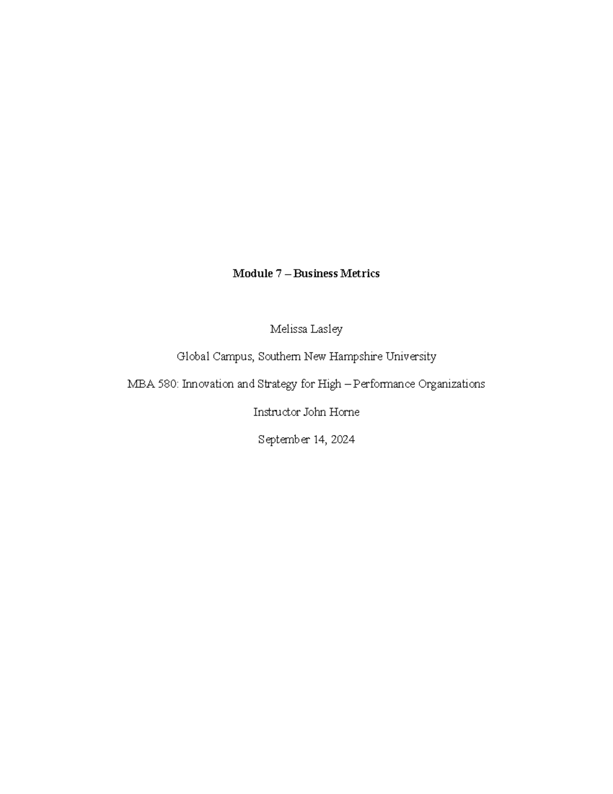 MBA 580 Module 7 - Analysis of Business Metrics for Innovation - Studocu