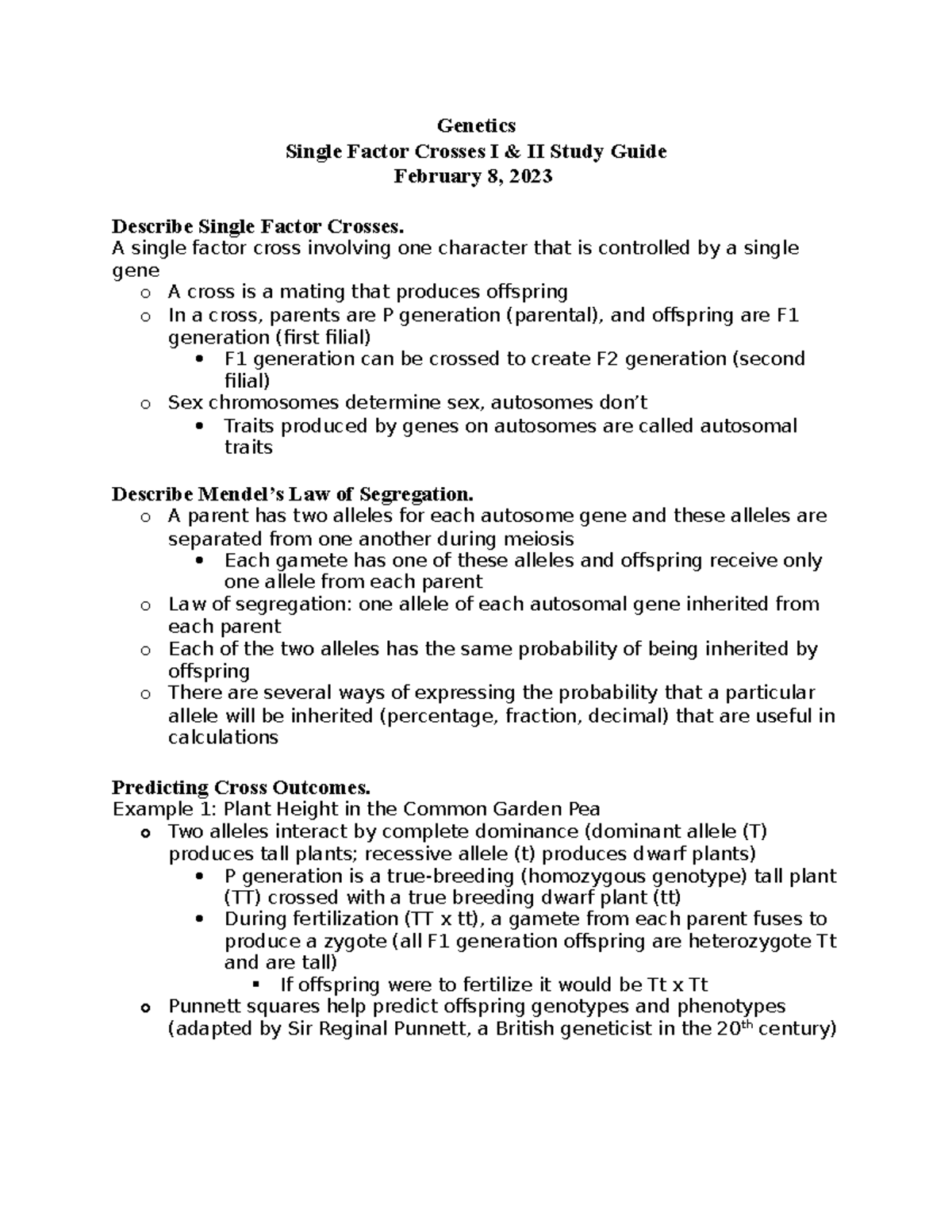 Single Factor Crosses I & II Genetics Study Guide for Exam - Studocu