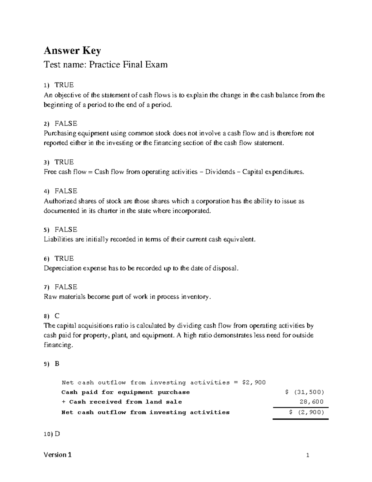 Practice Final Exam Answer Key for Cash Flow Concepts - Studocu