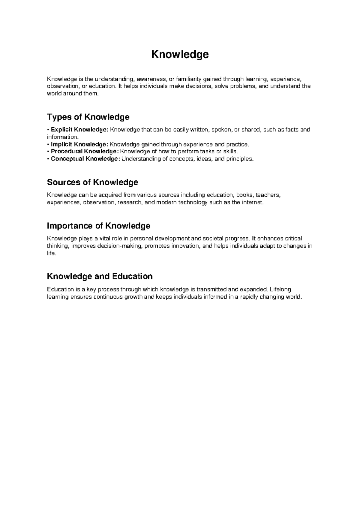 Knowledge Overview: Types, Sources, and Importance in Learning - Studocu