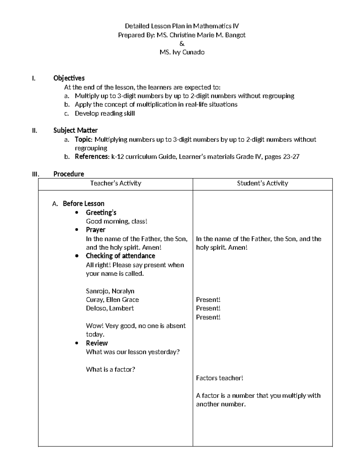 Mathematics IV Detailed Lesson Plan: Multiplying 3-Digit & 2-Digit ...