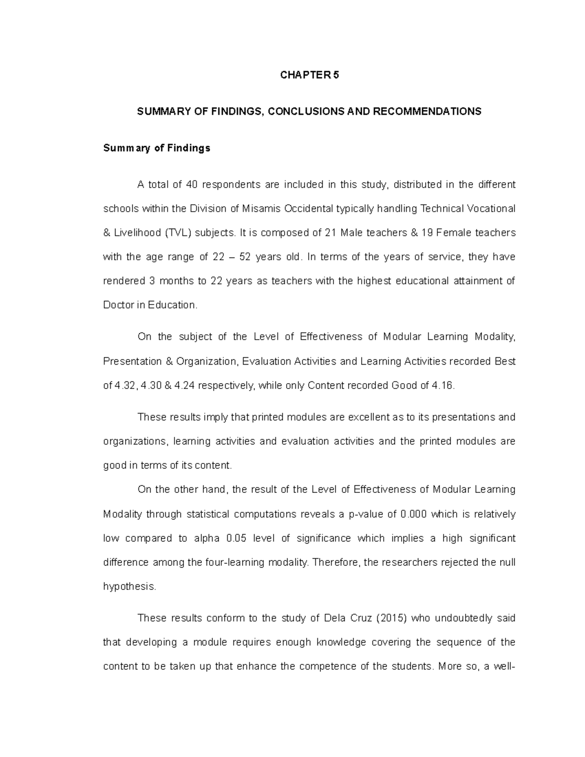 Chapter 5: Summary of Findings, Conclusions & Recommendations on TVL ...