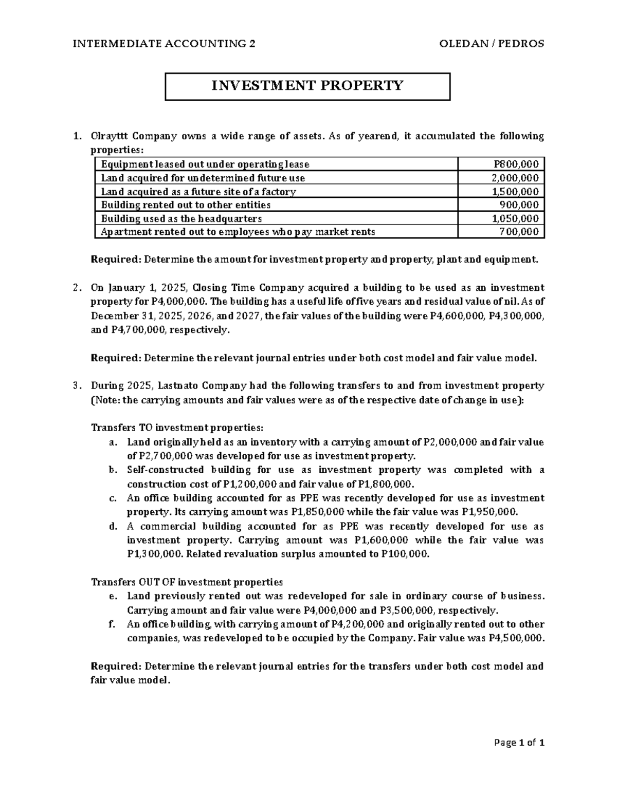INTERMEDIATE ACCOUNTING 2: Investment Property Analysis and Journal ...